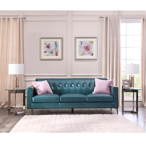 Nice Link Home Furnishings Payton Mid Century Leather Sofa Tufted Back in Turquoise with Metal Legs