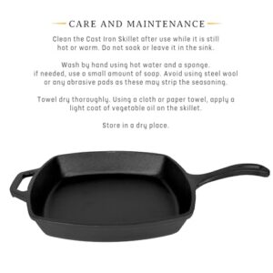 Jim Beam JB0217 10.5" Pre Seasoned Cast Iron Square Skillet for Grill, Gas, Oven, Electric, Induction and Glass, Black