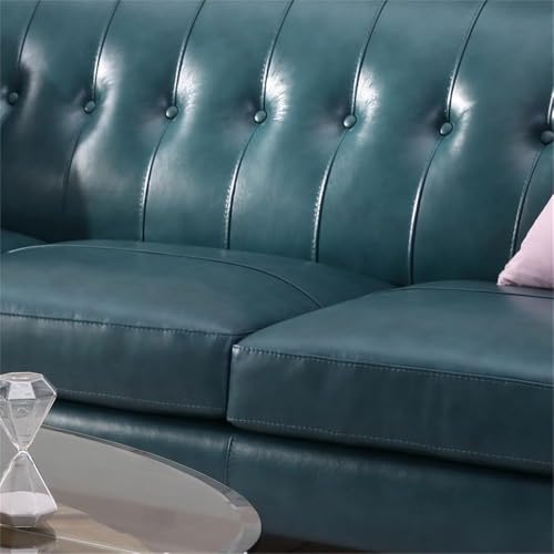 Nice Link Home Furnishings Payton Mid Century Leather Sofa Tufted Back in Turquoise with Metal Legs