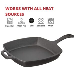 Jim Beam JB0217 10.5" Pre Seasoned Cast Iron Square Skillet for Grill, Gas, Oven, Electric, Induction and Glass, Black