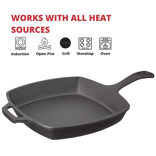 Jim Beam JB0217 10.5" Pre Seasoned Cast Iron Square Skillet for Grill, Gas, Oven, Electric, Induction and Glass, Black