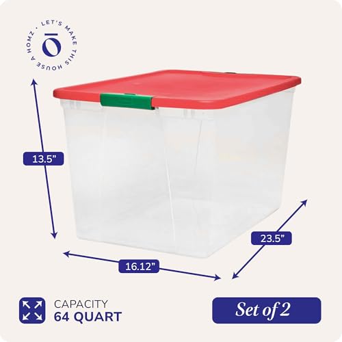 HOMZ 64 Quart Secure Seal Latching Extra Large Clear Plastic Storage Tote Container Bin w/Red Lid for Home, Garage, & Basement Organization (2-Pack)