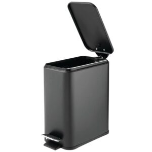 mDesign Slim Metal Rectangle 1.3 Gallon/5 Liter Trash Can with Step Pedal, Easy-Close Lid, Removable Liner - Narrow Wastebasket Garbage Container Bin for Bathroom, Bedroom, Kitchen - Black