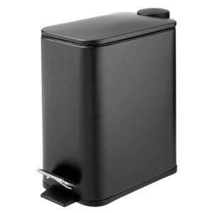 mDesign Slim Metal Rectangle 1.3 Gallon/5 Liter Trash Can with Step Pedal, Easy-Close Lid, Removable Liner - Narrow Wastebasket Garbage Container Bin for Bathroom, Bedroom, Kitchen - Black