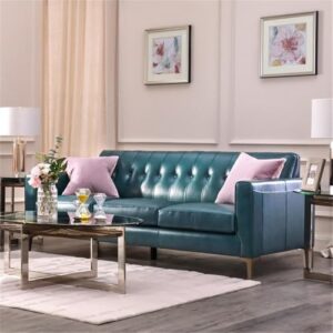 Nice Link Home Furnishings Payton Mid Century Leather Sofa Tufted Back in Turquoise with Metal Legs