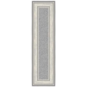 Ottomanson Machine Washable Bordered Design Non-Slip Rubberback 2x7 Traditional Runner Rug for Hallway, Kitchen, Bedroom, Living Room, 1'10" x 7', Light Gray