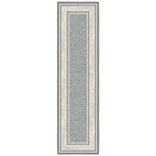 Ottomanson Machine Washable Bordered Design Non-Slip Rubberback 2x7 Traditional Runner Rug for Hallway, Kitchen, Bedroom, Living Room, 1'10" x 7', Light Gray