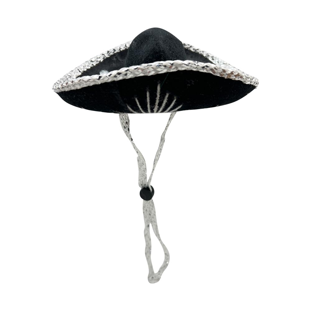 YAJUA Mini Small 6-Inch Authentic Made in Mexico Mariachi Black Hat with Silver Stitching - Mexican Charro Sombrero for Fiesta Themed Parties or Small Dog/Cat Costume