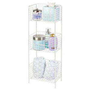 mdesign steel freestanding storage organizer tower rack basket shelf, metal 3-tier furniture unit for master/guest bathroom, powder room - holds bath towels, soap - concerto collection - white