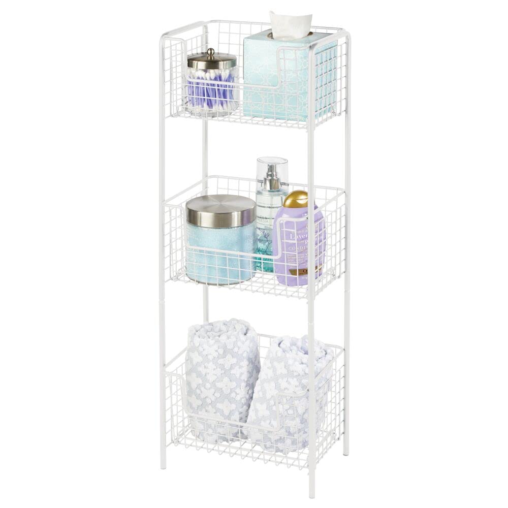 mDesign Steel Freestanding Storage Organizer Tower Rack Basket Shelf, Metal 3-Tier Furniture Unit for Master/Guest Bathroom, Powder Room - Holds Bath Towels, Soap - Concerto Collection - White