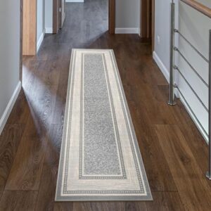 Ottomanson Machine Washable Bordered Design Non-Slip Rubberback 2x7 Traditional Runner Rug for Hallway, Kitchen, Bedroom, Living Room, 1'10" x 7', Light Gray