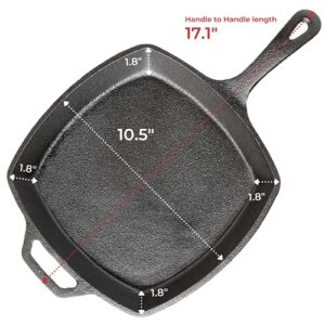 Jim Beam JB0217 10.5" Pre Seasoned Cast Iron Square Skillet for Grill, Gas, Oven, Electric, Induction and Glass, Black