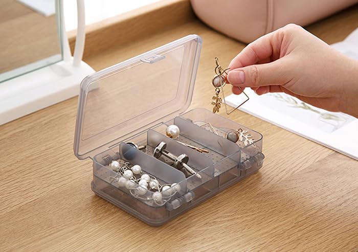 AKOAK 1 Pack Double Compartment Portable Jewelry Box Plastic Transparent Earrings Storage Box 10 Grid Mini Storage Box (Transparent black)