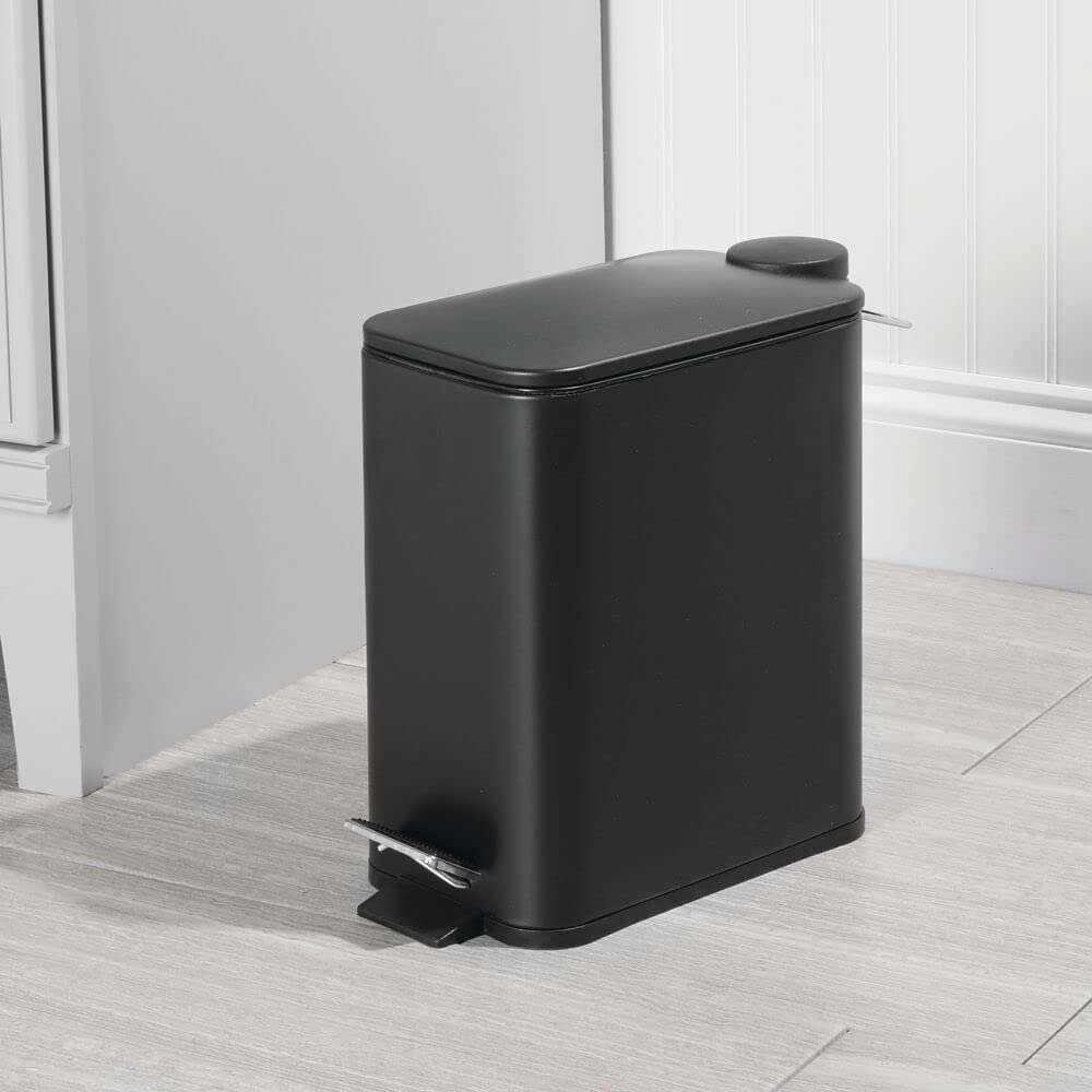 mDesign Slim Metal Rectangle 1.3 Gallon/5 Liter Trash Can with Step Pedal, Easy-Close Lid, Removable Liner - Narrow Wastebasket Garbage Container Bin for Bathroom, Bedroom, Kitchen - Black