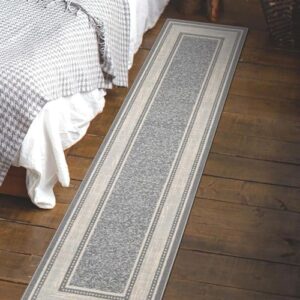 Ottomanson Machine Washable Bordered Design Non-Slip Rubberback 2x7 Traditional Runner Rug for Hallway, Kitchen, Bedroom, Living Room, 1'10" x 7', Light Gray