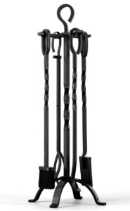 comfyhome fireplace tools 5 pcs, 32-inch wrought iron fireplace tools set with ergonomic handle, fire poker, tong, shovel, brush, stand for outdoor indoor fire pit, modern fireplace kit, black