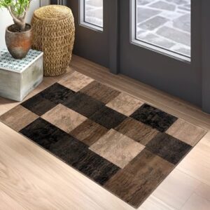 rug branch montage contemporary geometric checkered brown beige indoor doormat rug for living room, bedroom, and kitchen, accent rug - 2' x 3' (2'3" x 3')