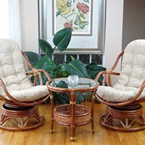 Set of 2 Bali Lounge Swivel Rocking Chairs with Cream Cushion and Pelangi Round Coffee Table Natural Rattan Wicker Handmade, Colonial Color