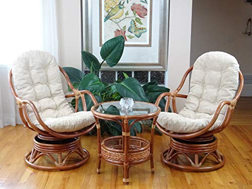 Set of 2 Bali Lounge Swivel Rocking Chairs with Cream Cushion and Pelangi Round Coffee Table Natural Rattan Wicker Handmade, Colonial Color