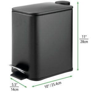 mDesign Slim Metal Rectangle 1.3 Gallon/5 Liter Trash Can with Step Pedal, Easy-Close Lid, Removable Liner - Narrow Wastebasket Garbage Container Bin for Bathroom, Bedroom, Kitchen - Black