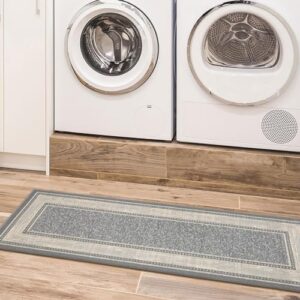 Ottomanson Machine Washable Bordered Design Non-Slip Rubberback 2x7 Traditional Runner Rug for Hallway, Kitchen, Bedroom, Living Room, 1'10" x 7', Light Gray