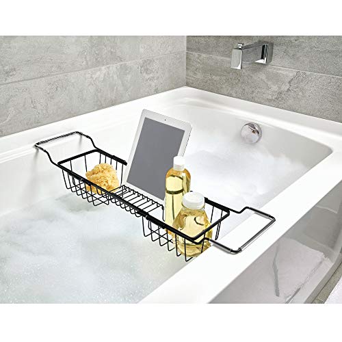 iDesign Everett Metal Adjustable Over the Tub Caddy Basket for Master, Guest, Kid's Bathroom, 22.55" x 6.7" x 4.41", Matte Black