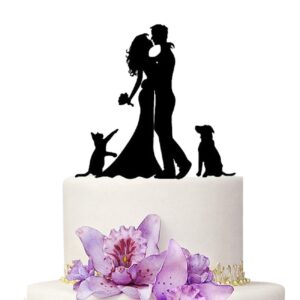 yami cocu wedding cake toppers bride and groom with cat and dog animal black color acrylic silhouette wedding party engagement decoration