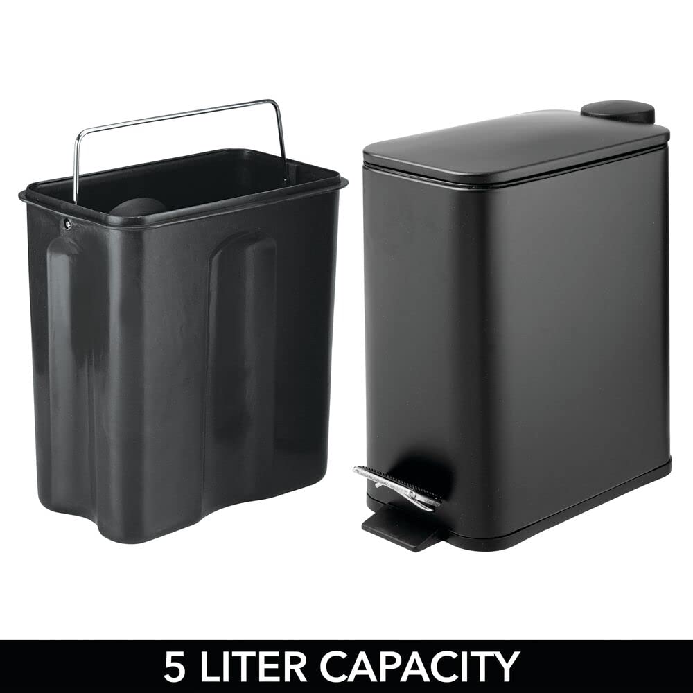 mDesign Slim Metal Rectangle 1.3 Gallon/5 Liter Trash Can with Step Pedal, Easy-Close Lid, Removable Liner - Narrow Wastebasket Garbage Container Bin for Bathroom, Bedroom, Kitchen - Black