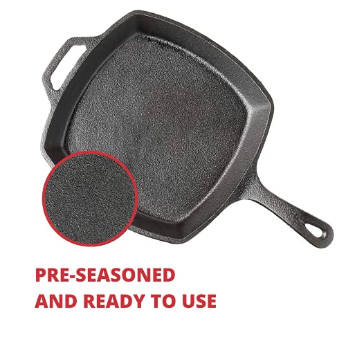 Jim Beam JB0217 10.5" Pre Seasoned Cast Iron Square Skillet for Grill, Gas, Oven, Electric, Induction and Glass, Black