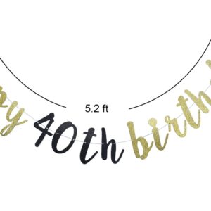 Happy 40th Birthday Banner for 40th Birthday Party Pre-Strung Decorations (Gold & Black Glitter)