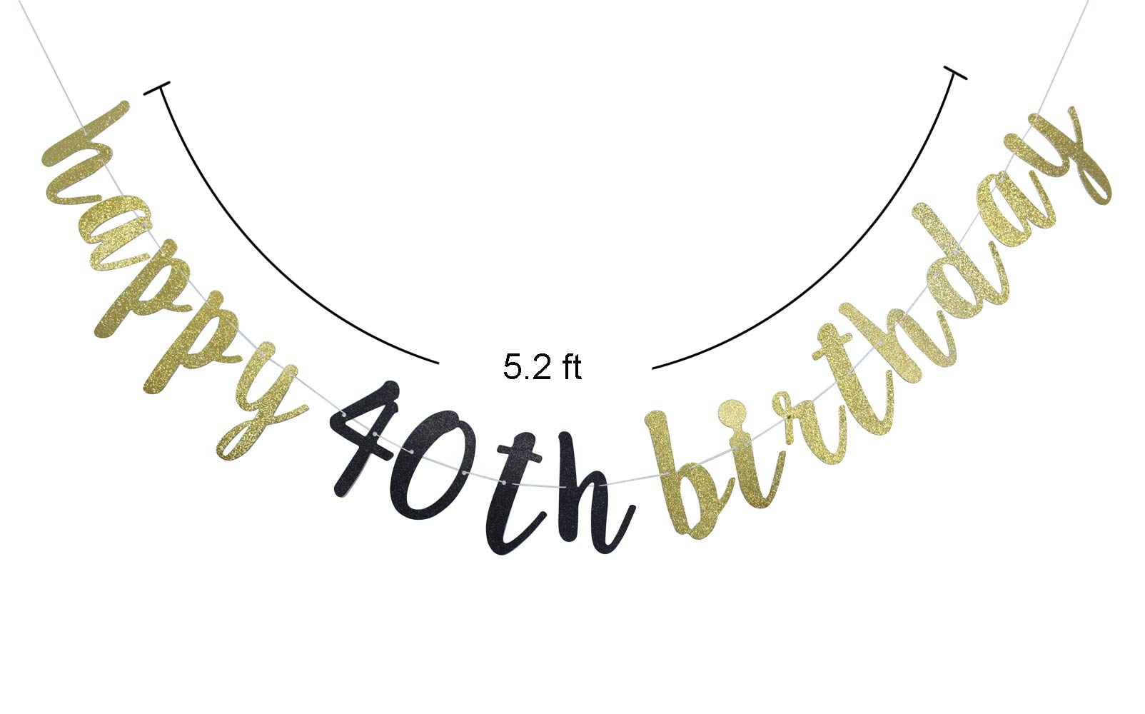 Happy 40th Birthday Banner for 40th Birthday Party Pre-Strung Decorations (Gold & Black Glitter)