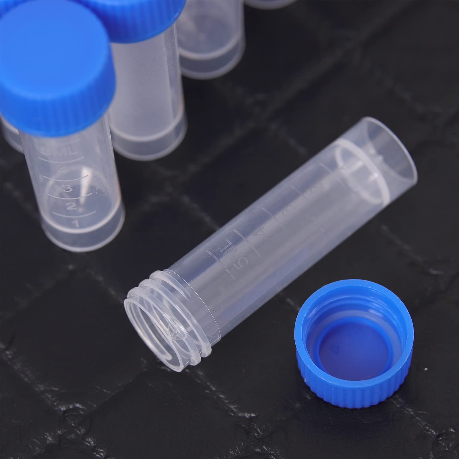 50 Pieces 5 ML Test Tubes Plastic Vials with Blue Screw Caps and Flat Bottom Clear Sample Vial Container for Science, Labs