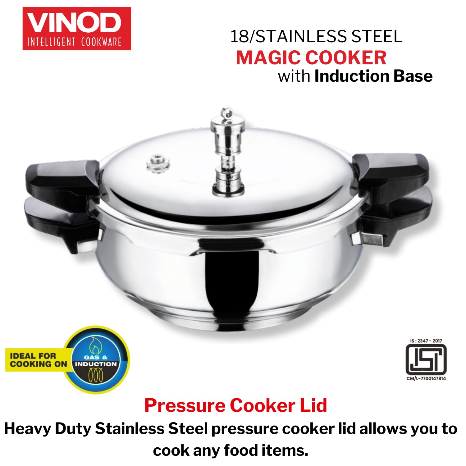 Vinod Magic Stainless Steel Smart 3 in 1 Pressure Cooker 5.5 Litre | 5mm Thick Base | All in One Cooker with Strainer & Glass Lid | Induction and Gas Base | ISI certified, Silver