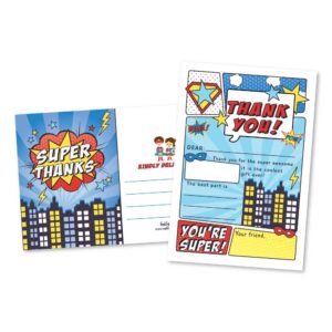 25 superhero comic fill in the blank kids thank you cards, hero bam themed girls and boys bday party note cards, unique adult or children birthday, baby or bridal shower event supplies and ideas