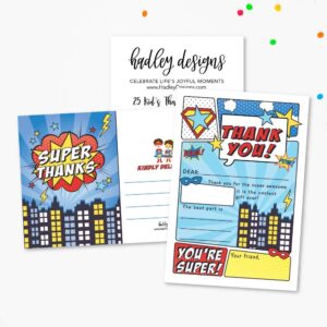 25 Superhero Comic Fill In The Blank Kids Thank You Cards, Hero Bam Themed Girls and Boys Bday Party Note Cards, Unique Adult or Children Birthday, Baby or Bridal Shower Event Supplies and Ideas