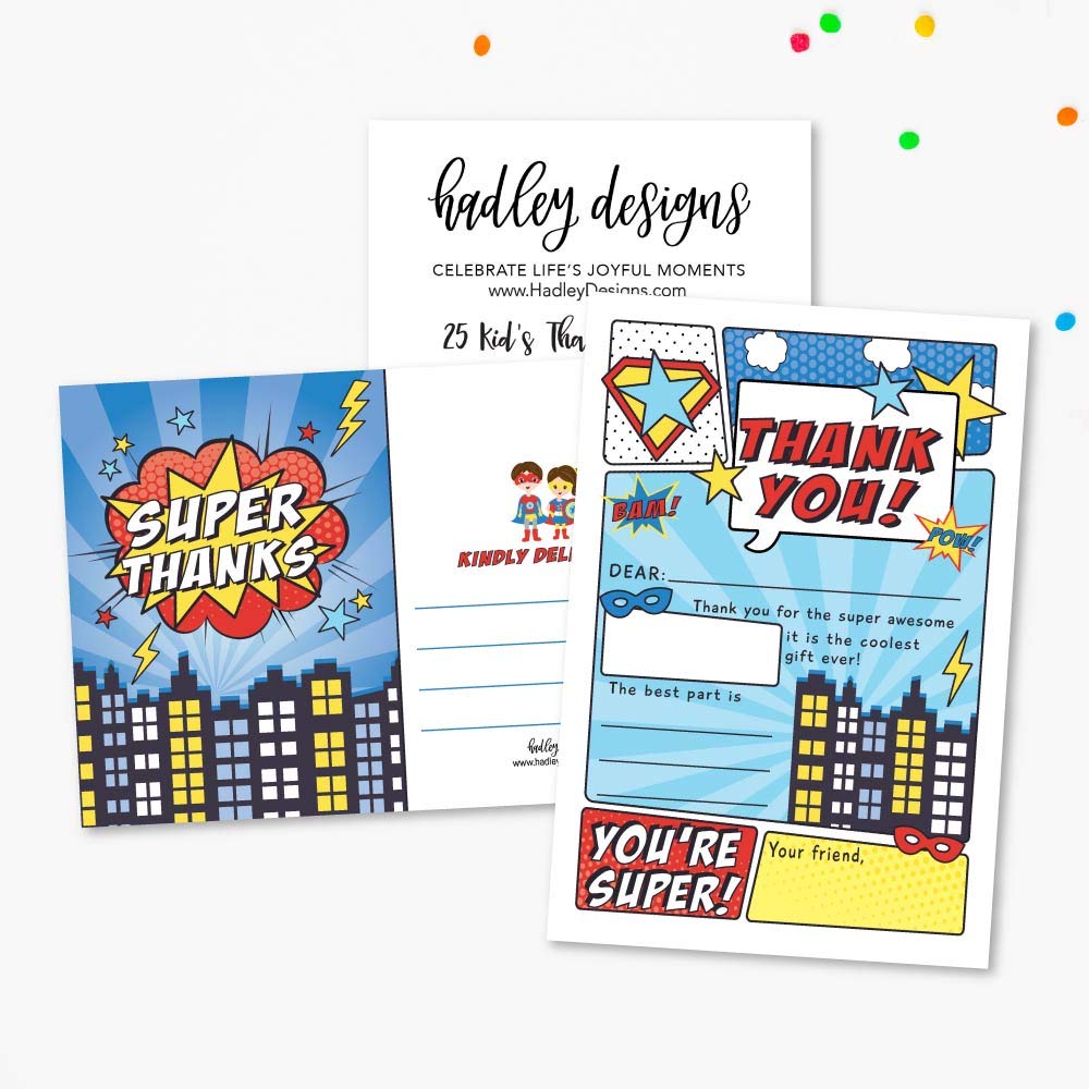 25 Superhero Comic Fill In The Blank Kids Thank You Cards, Hero Bam Themed Girls and Boys Bday Party Note Cards, Unique Adult or Children Birthday, Baby or Bridal Shower Event Supplies and Ideas