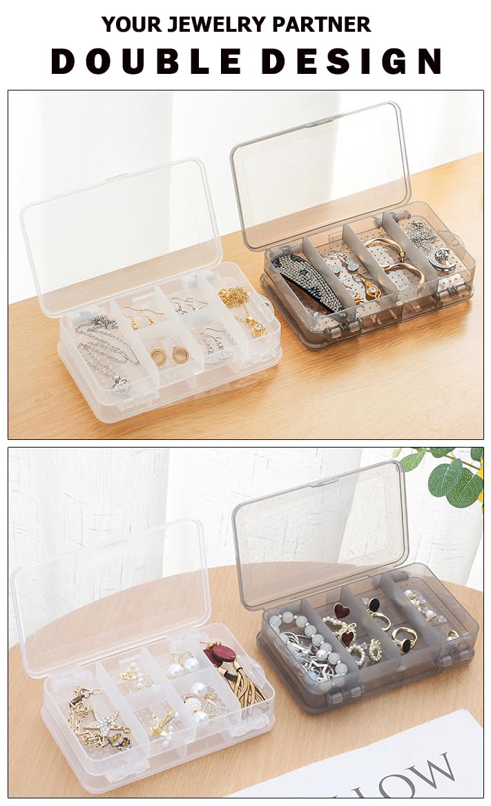 AKOAK 1 Pack Double Compartment Portable Jewelry Box Plastic Transparent Earrings Storage Box 10 Grid Mini Storage Box (Transparent black)