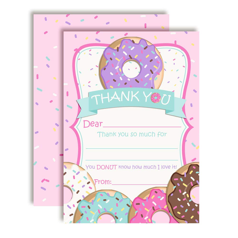 Donut Grow Up Thank You Notes for Girls, Ten 4" x 5.5" Fill In The Blank Cards with 10 White Envelopes by AmandaCreation