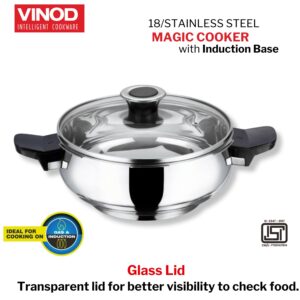 Vinod Magic Stainless Steel Smart 3 in 1 Pressure Cooker 5.5 Litre | 5mm Thick Base | All in One Cooker with Strainer & Glass Lid | Induction and Gas Base | ISI certified, Silver