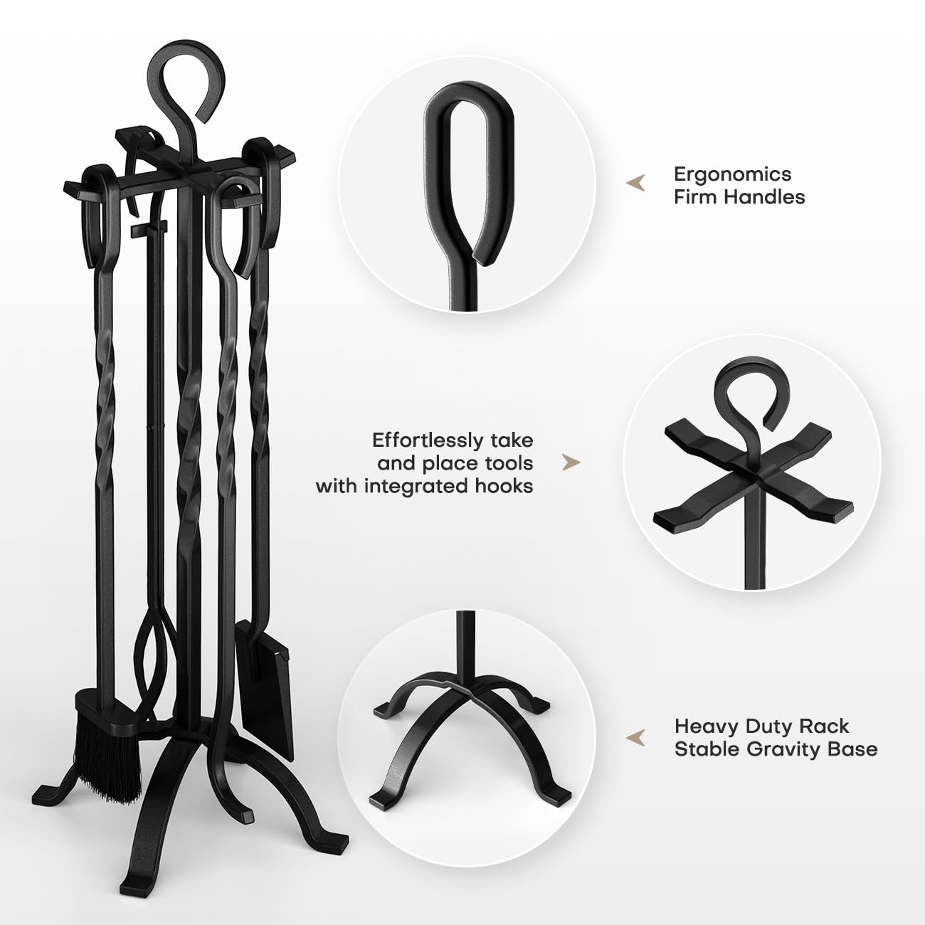 COMFYHOME Fireplace Tools 5 Pcs, 32-Inch Wrought Iron Fireplace Tools Set with Ergonomic Handle, Fire Poker, Tong, Shovel, Brush, Stand for Outdoor Indoor Fire Pit, Modern Fireplace Kit, Black