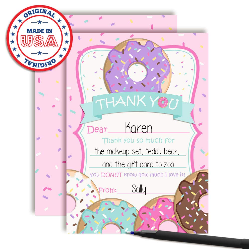 Donut Grow Up Thank You Notes for Girls, Ten 4" x 5.5" Fill In The Blank Cards with 10 White Envelopes by AmandaCreation