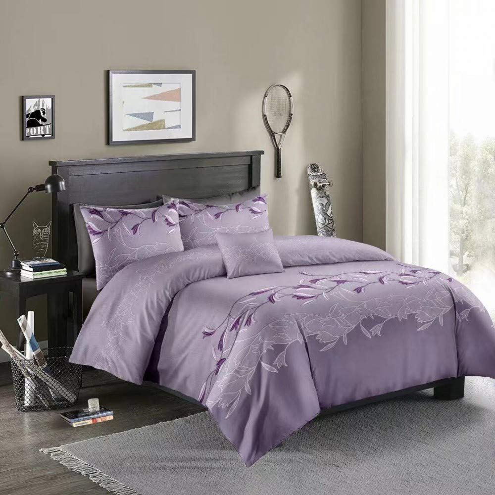 Feelyou European Jacquard Duvet Cover Set Queen Retro Floral Bedding Cover Purple for Girls Women Royal Luxury Embroidered Flowers Branch Bed Cover Microfiber Comforter Cover 3 Pieces