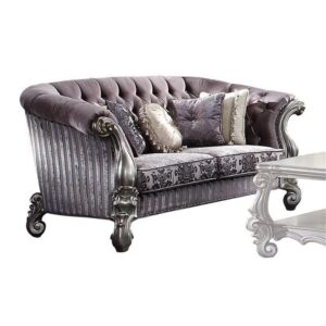 acme versailles loveseat w/5 pillows in velvet & antique platinum