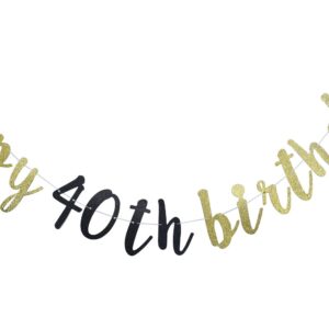 Happy 40th Birthday Banner for 40th Birthday Party Pre-Strung Decorations (Gold & Black Glitter)