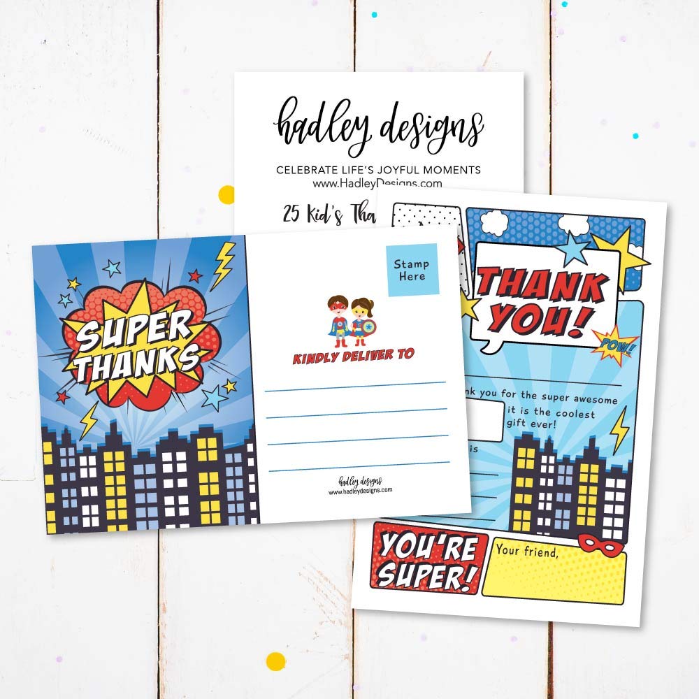 25 Superhero Comic Fill In The Blank Kids Thank You Cards, Hero Bam Themed Girls and Boys Bday Party Note Cards, Unique Adult or Children Birthday, Baby or Bridal Shower Event Supplies and Ideas