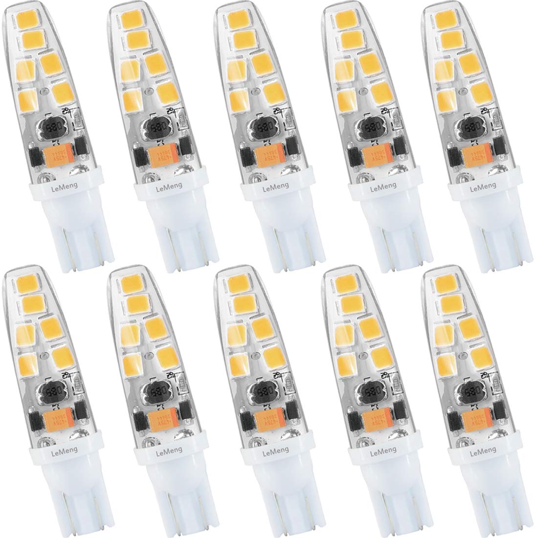 LeMeng 15watt T10 Wedge Base Led Light Bulb 2W 180lm,3000K Warm White,ac/dc12V for Outdoor Landscape RV Camper Marine Boat Dome Lighting-10 Pack