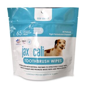 jax & cali pet toothbrush wipes, all natural textured dental wipes, holistic pet oral care, cruelty free, natural enzymes reduce plaque and inflammation, keeps teeth clean, for dogs and cats, 65 count