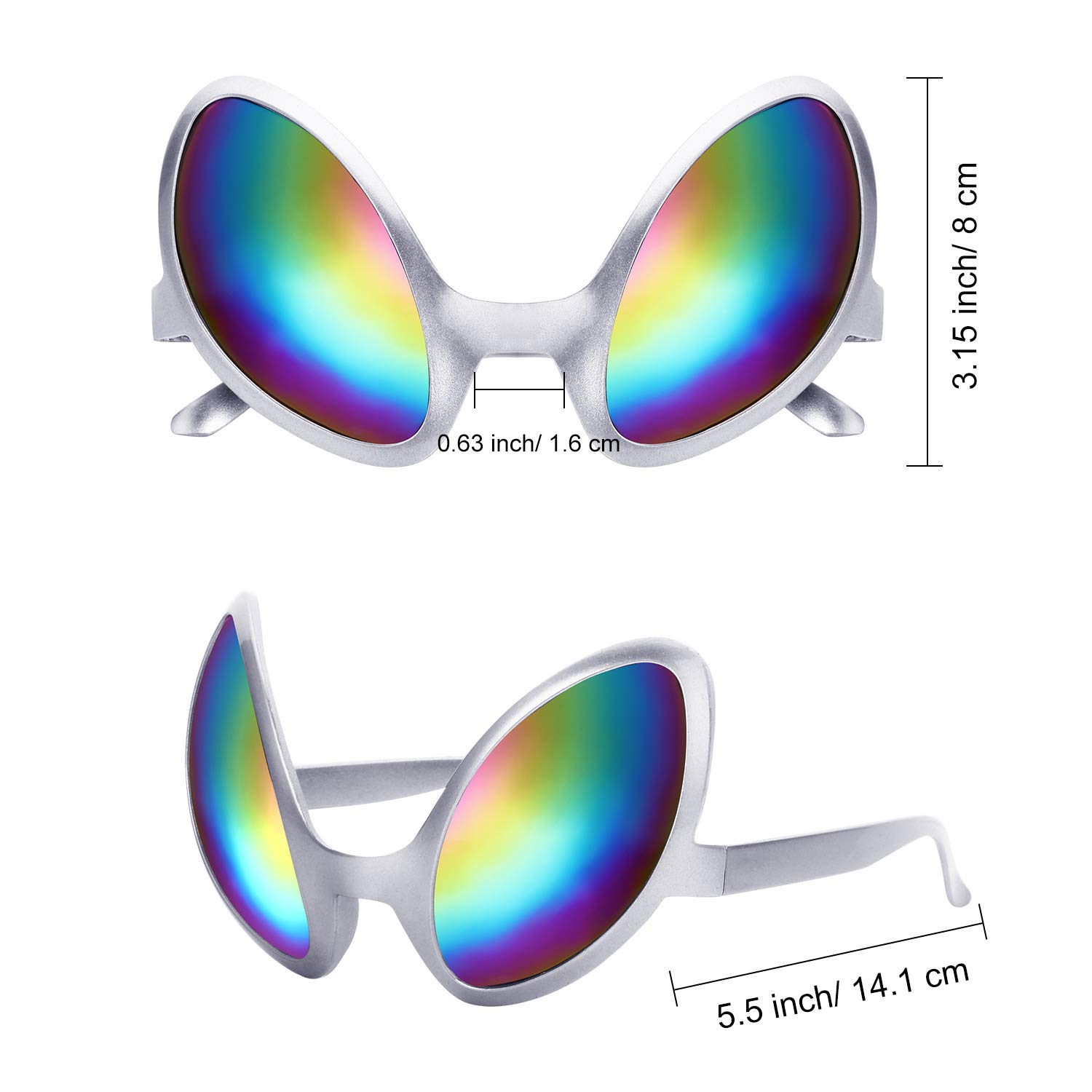 2 Pairs Alien Glasses Silver Glasses with Rainbow Color Lens and 2 Pieces Martian Antenna Headband Boppers for Adults and Kids Party Favors