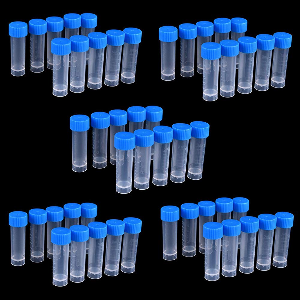 50 Pieces 5 ML Test Tubes Plastic Vials with Blue Screw Caps and Flat Bottom Clear Sample Vial Container for Science, Labs