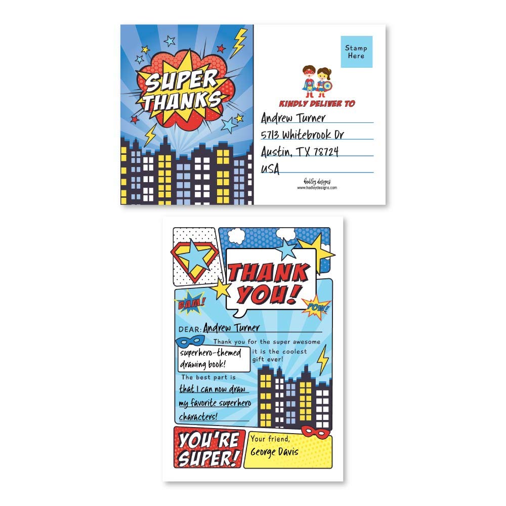 25 Superhero Comic Fill In The Blank Kids Thank You Cards, Hero Bam Themed Girls and Boys Bday Party Note Cards, Unique Adult or Children Birthday, Baby or Bridal Shower Event Supplies and Ideas